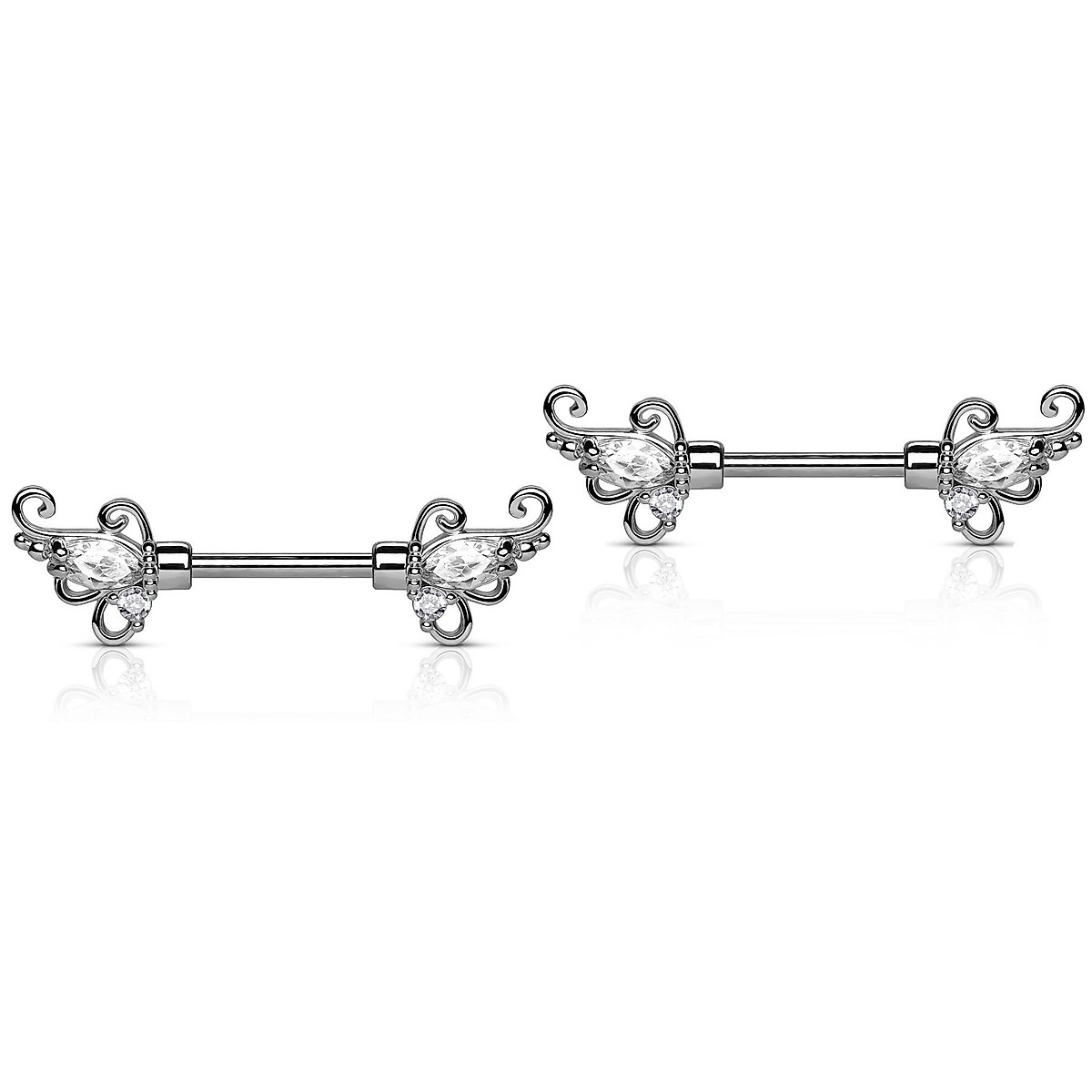 Forbidden Body Jewelry 14g 1/2 Inch (12mm) Surgical Steel Floral CZ Crystal Nipple Ring Barbell Set