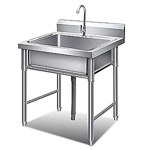 QQXX Stainless Steel Commercial Kitchen Sink,Free Standing Sink Single Bowl,Utility Sink with Faucet for Restaurant Kitchen Laundry Garage Indoor Outdoor Washing Hand Basin