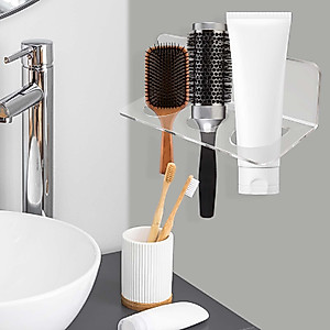 Adhesive Hair Tool Organizer Wall Mounted, Acrylic Hair Brush Holder for Bathroom, No Drilling Hair Comb Holder with 3 Holes, Transparent Hair Tool Storage Holder for Curling Irons, Flat Irons