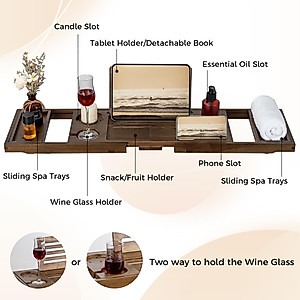 Teak Bathtub Tray - Luxury Bath Tray with Expandable Handles, Wine Glass and Phone Holders, Book Stand - Perfect for Home Spa Relaxation and Reading - Natural Bath Accessories