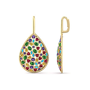 Silver Smile – Gold Plated Pear Shaped Drop Earrings Set – Multi Gemstone Drop Earrings for Women – Rainbow Oval Shaped Leverback Earrings – Gift Set for Valentine’s Day and Birthday
