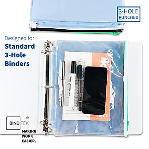 Binditek 40 Pack Plastic Zippered Binder Pockets, 3-Hole Punched for 3 Ring Binder, Clear PVC with Multicolor Zippers, Waterproof Loose Leaf Bag Pouch for Document Filing and Storage