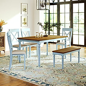 Merax Dining Table Sets, 6 Piece Dining Table Set with Bench, Wooden Kitchen Table Set with 4 Padded Dining Chairs, Home Furniture Dining Set, Walnut+Blue