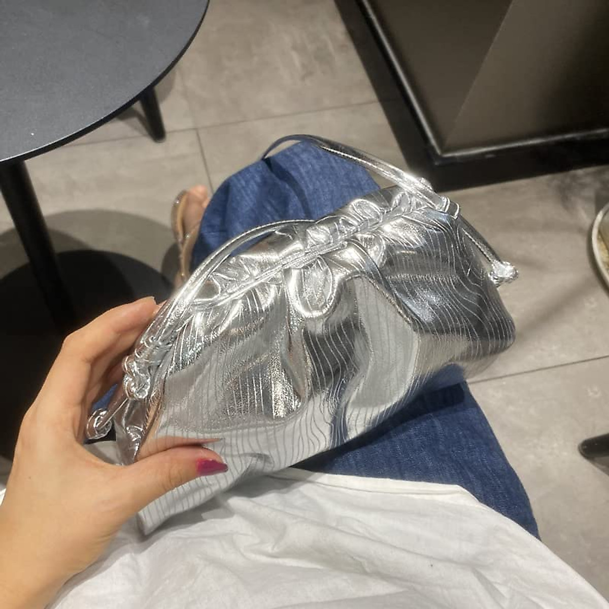 Women Dumpling Crossbody Large Bag Cloud Evening Bag Sparkly Clutch Purses Shoulder Bag Drawstring Strap Crossbody Bag (silver)