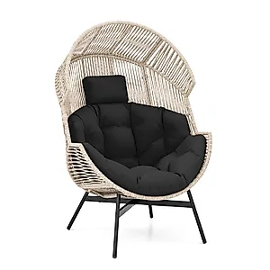 Tangkula Oversized Egg Style Chair, Wicker Stationary Patio Egg Chair w/Cushions & Headrest, Heavy-Duty Metal Frame, Patio Lounge Basket Sofa Chair for Yard, Porch, Living Room