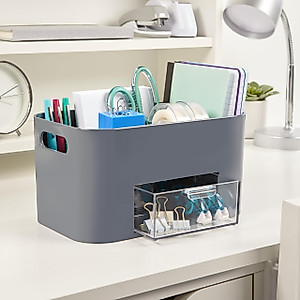 STORi Bliss 4-Compartment Plastic Vanity Organizer with Small Accessory Drawer in Grey | Rectangular Makeup, Skincare, & Cosmetic Storage Bin with Pass-Through Handles | Made in USA