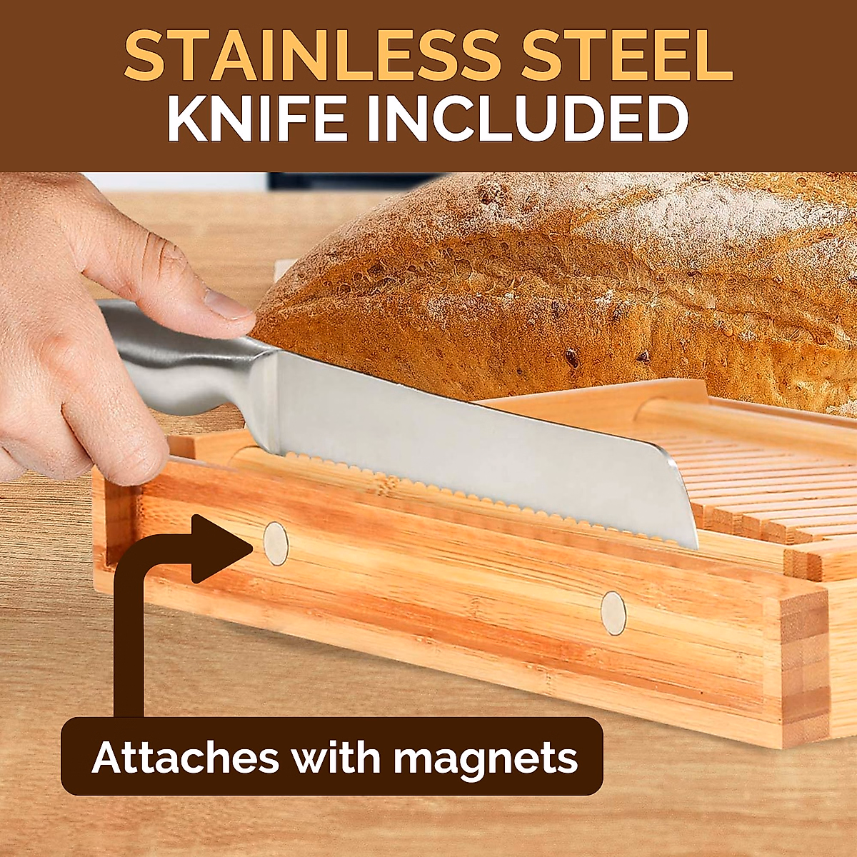 Luxury Bamboo Bread Slicer with Knife - 3 Slice Thickness, Foldable Compact Cutting Guide with Crumb Tray, Stainless Steel Bread Knife for Homemade Bread, Cake, Bagels 5.5” Wide x 5” Tall