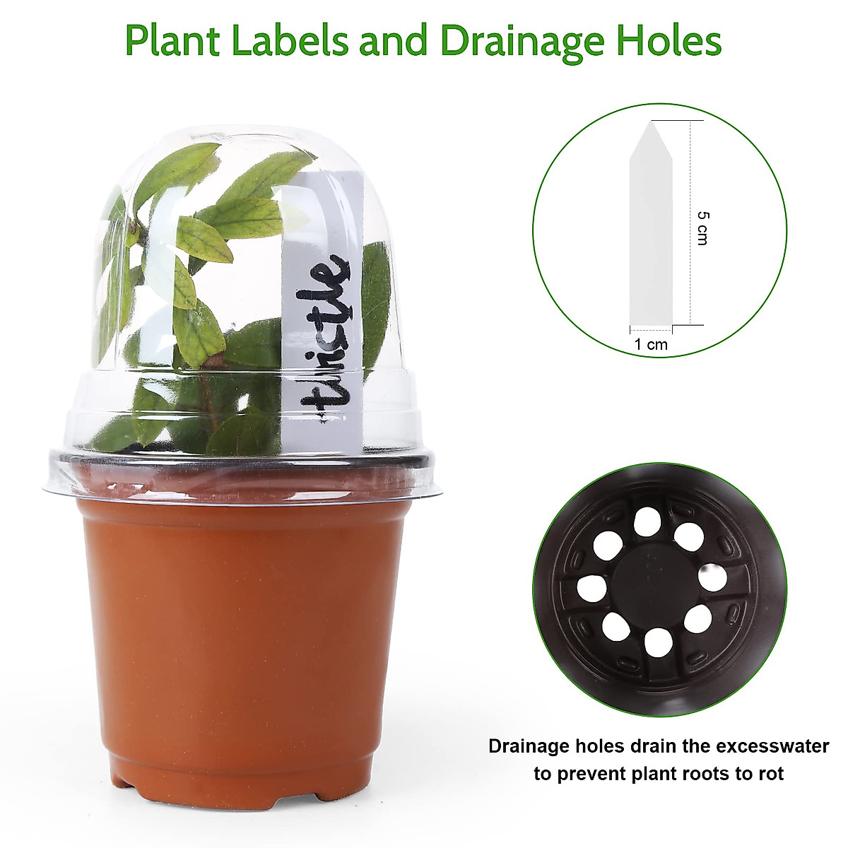 JERIA 60 Sets 4" Plastic Plant Nursery Pots with Humidity Domes,(60 Pots + 60 Clear Lids),Seedling,Flower Plant Container and Seed Starting Pots with 100pcs Plant Labels