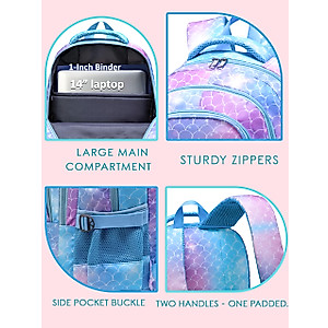 BLUEFAIRY Girls Backpack with Lunch Box Set Mermaid School Bag Set for Kids Elementary Primary School Book Bags Back to School Bookbags for Childs Lightweight Mochila para Niñas Cute Gifts Aged 4-8