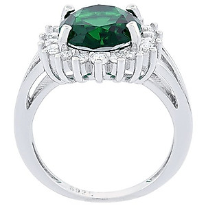 Sterling Silver Oval Emerald Ring Sunburst CZ Rhodium Finish, 11/16 inch wide, size 6