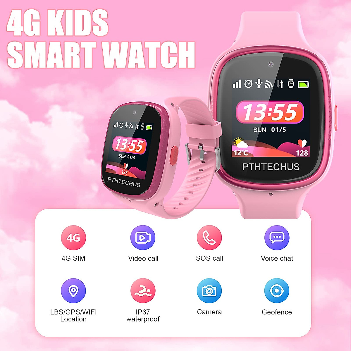 PTHTECHUS 4G Smartwatch Phone for Children - Kids Smart Watch with WiFi, Dail, Voice Messages & Video Calls, GPS Location, Students School Mode, SOS, Camera and Pedometer for Boys Girl Present
