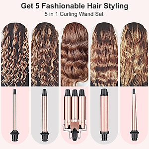 Beach Waver Curling Iron Wand Set 5 in 1 Hair Curlers Waver Crimper Tool for Women Man 3/8 inch - 1 1/4 inch Curling Wands with Attachments for Hair Curly Hairstyle