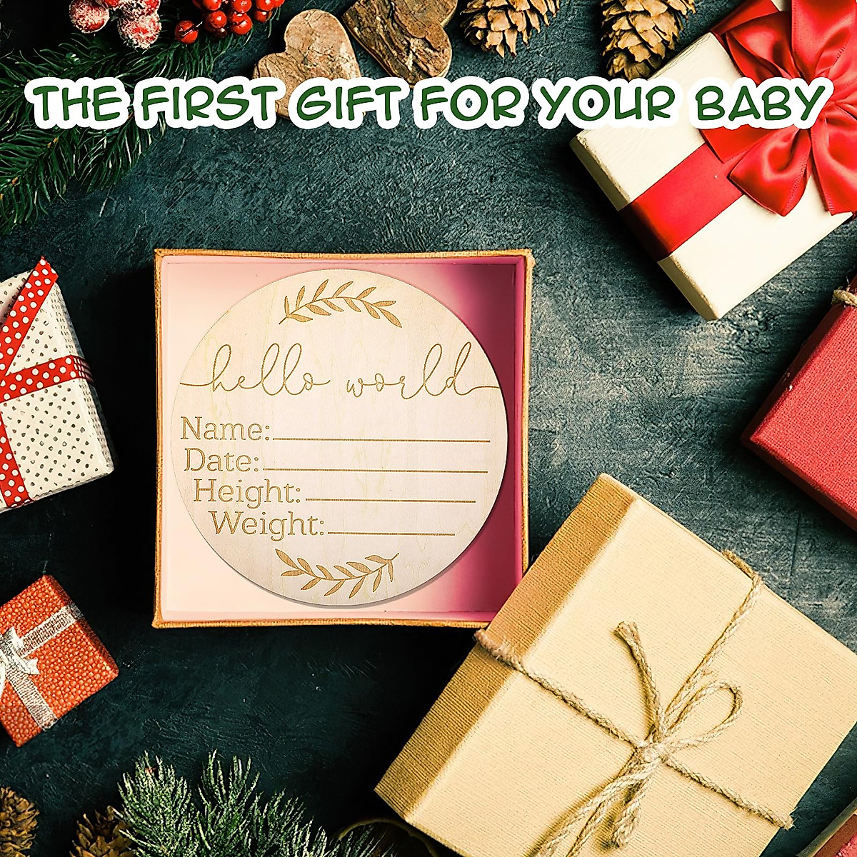 Baby Birth Announcement Sign Wooden Hello World Newborn Sign Round Double-Sided Boho Willow Branch Baby Name Announcement Sign for Girl Boy Photo Prop Baby Shower Nursery Gift Keepsakes(Style 2)