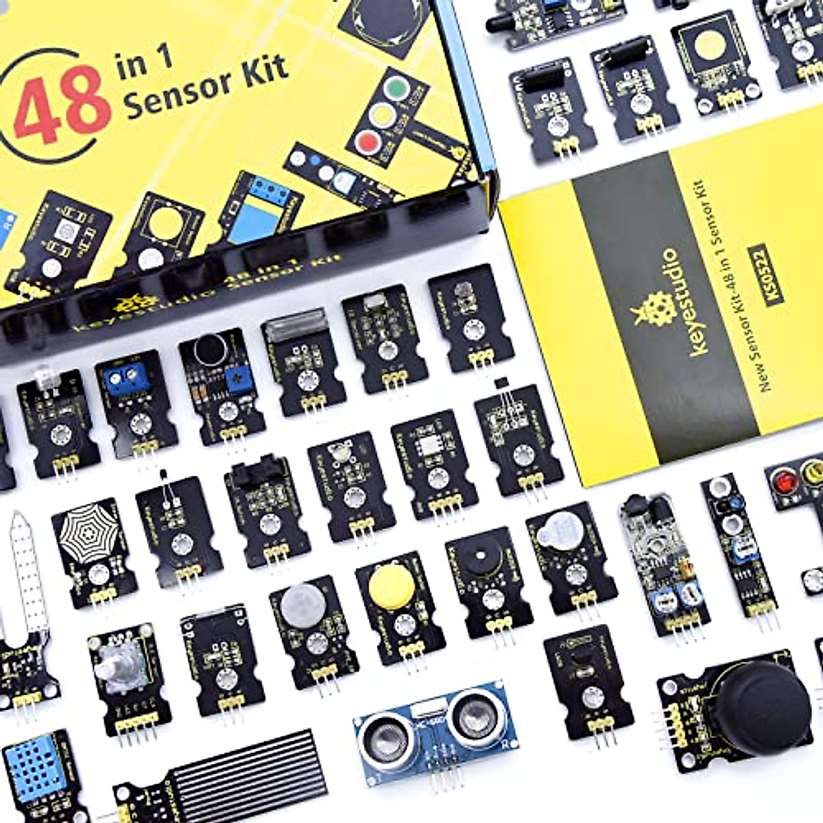 KEYESTUDIO 48 Sensors Modules Starter Kit for Arduino with LCD, 5v Relay, Sound, LED Modules, Servo Motor, Motion, Pressure Sensor, Gas Sensor, etc.Programming for Beginners Adults Learning