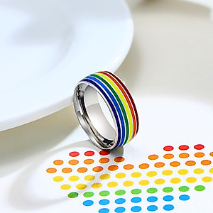 Mintolex Pride Ring Titanium Steel LGBT Rainbow Rings for Gay Lesbian Asexual Bisexual Trans Nonbinary LGBTQ Pride Month Friendship Wedding Promise Band Rings Pride Jewelry Gift for Couples Men Women Size 12, Silver