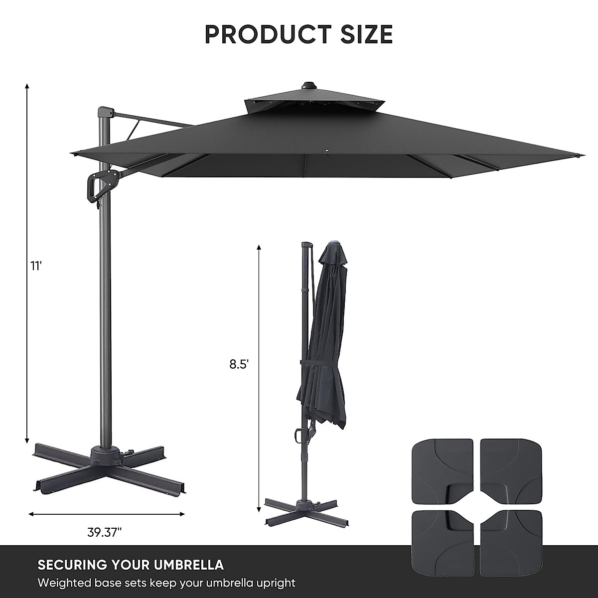 Nalupatio Patio umbrella 10FT Outdoor Square Umbrella Large Cantilever Umbrella 360°Rotation Hanging Double Top Offset for Garden Deck Pool Patio (Grey)