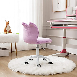 Modern Cute Cat Kids Desk Chair, Comfortable Fuzzy Small Desk Chair for Girls and Boys, Ergonomic Adjustable Swivel Computer Chair, Hello Kitty Vanity Chair Study Rolling Stools with Wheels, Purple