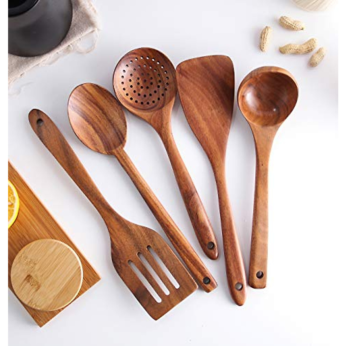 Wooden Spoons for Cooking, Tmkit Cooking Utensils Set of 6 Natural Teak Wooden Cooking Spatulas with Utensils Holder Comfort Grip Wooden Kitchen Utensils for Nonstick Cookware