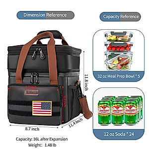 LOKASS Insulated Lunch Bag For Men Work, 16L, PU Coating Tactical Lunch Box for Adults/Women, Dual Compartment Reusable Waterproof Leakproof Lunchbag with Shoulder Strap, Cooler Bag, Black, Large