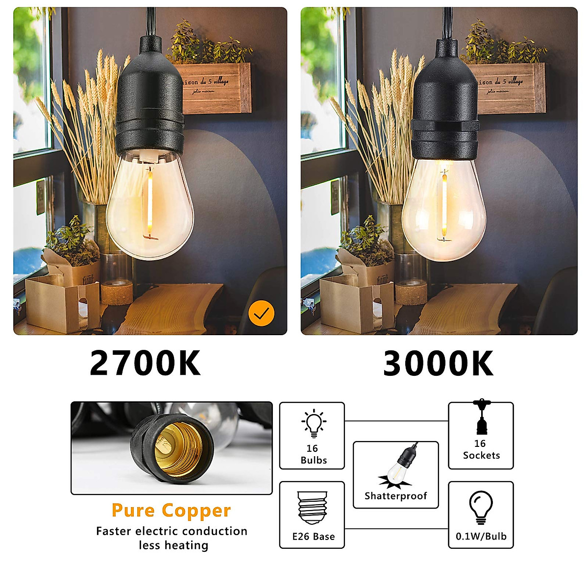 BrizLabs Outdoor Solar String Lights, 39ft Hanging Solar Patio Lights with 16 LED Shatterproof Bulbs, S14 Waterproof Solar String Lights 4 Modes for Patio Garden Backyard Gazebo Porch Balcony, 2700K