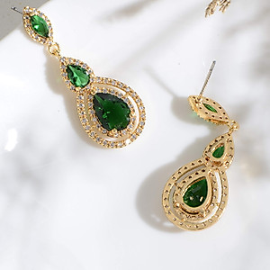 Emerald Green Cubic Zirconia Earrings - Elegant Sterling Silver CZ Teardrop Wedding Party Prom Earrings for Bride Bridesmaids Crystal CZ Rhinestone Dangle Drop Earrings for Women Hypoallergenic