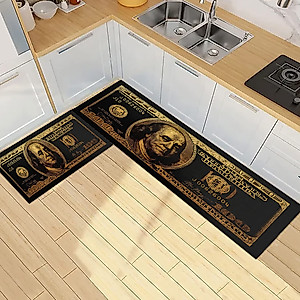 GUBIYU Black Bathroom Rug Set 100 Dollar Bill Kitchen Rug Money Rugs Nonslip Rubber Backed Gold Bathroom Mats and Rugs Sets Rug Runner Floor Mat Washroom Bathroom Laundry Doormat (17.5"X29"+17.5"X59")