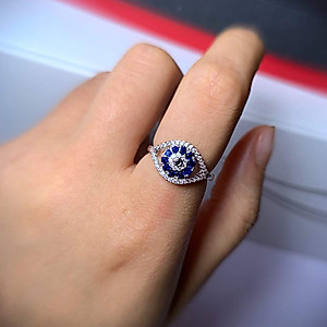 Blue Turkish Evil Eye Cubic Zirconia Rings for Women Statement Band Stacking Finger Middle Tail Elegant Sparkly Dainty Fashion Protection Jewelry Mother Daughter Friendship Birthday Size 5 (10)