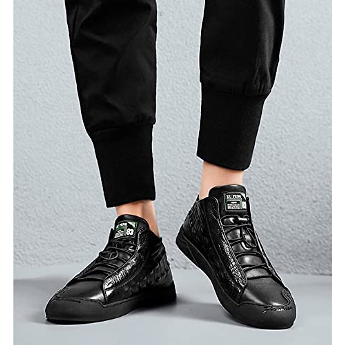 ZOOGEM Men's Crocodile Print Leather Casual Shoes Cowhide Crocodile Print Leather Shoes Non-Slip Casual Fashion Sneakers (Black-a,10)