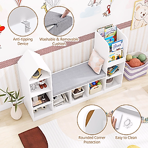 Vabches Toy Storage Organizer for Kids Bookshelf with Reading Nook, Multifunctional Kids Bookcase with 9 Storage Cubbies and Large Seat Cushion for Keeping Kids' Toys Books Organized, White
