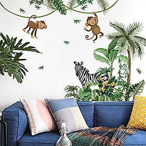 Large Size Tropical Palm Green Leaf Plant Animals Jungle Wall Decals For Kids Room Bedroom Cute Monkey Zebra Giraffe Big Vinyl Self-adhesive Wallpaper Peel and Stick Woodland Forest Kindergarten Decoration Sticker Removable DIY Nursery Mural