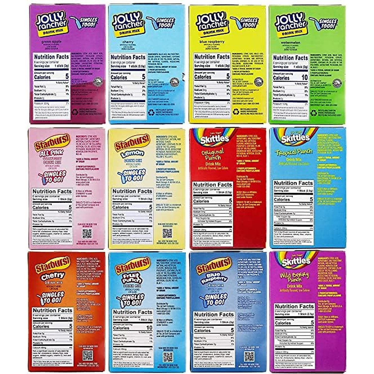 Sugar Free Variety Pack of Water Enhancers - Skittles, Starburst and Jolly Rancher Drink Mix Variety Pack of 12