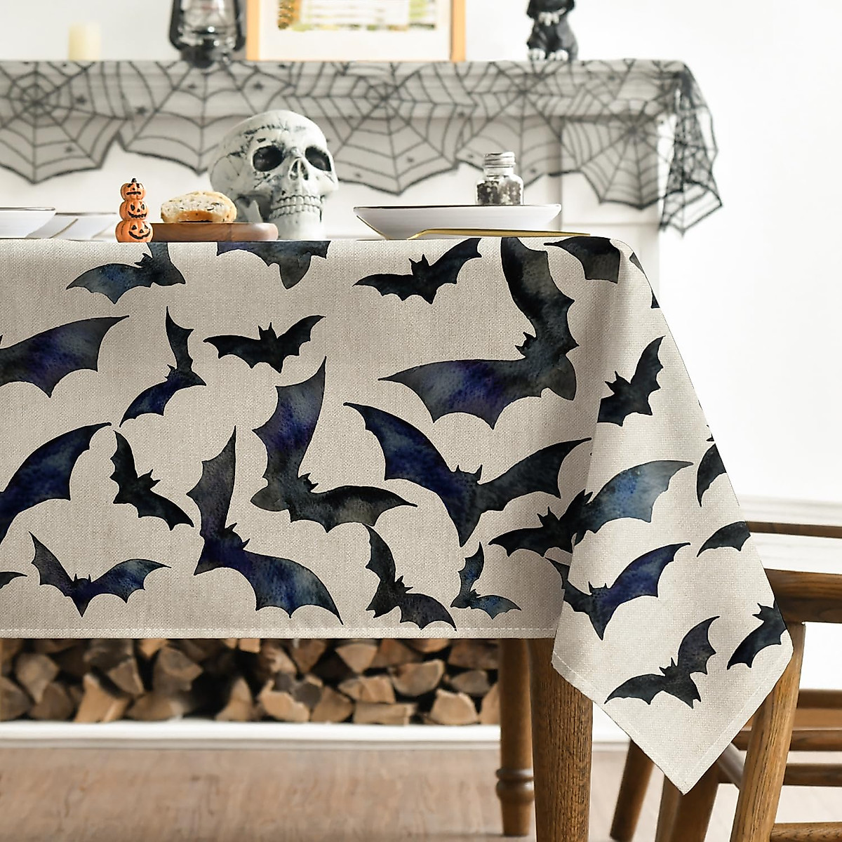 Horaldaily Halloween Tablecloth 60x84 Inch Rectangular, Bats Washable Table Cover for Party Picnic Dinner Decor