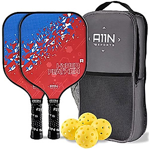 A11N HyperFeather R Pickleball Paddles Set of 2 for Beginners with 4 Outdoor Balls and 1 Backpack, Blue/Red