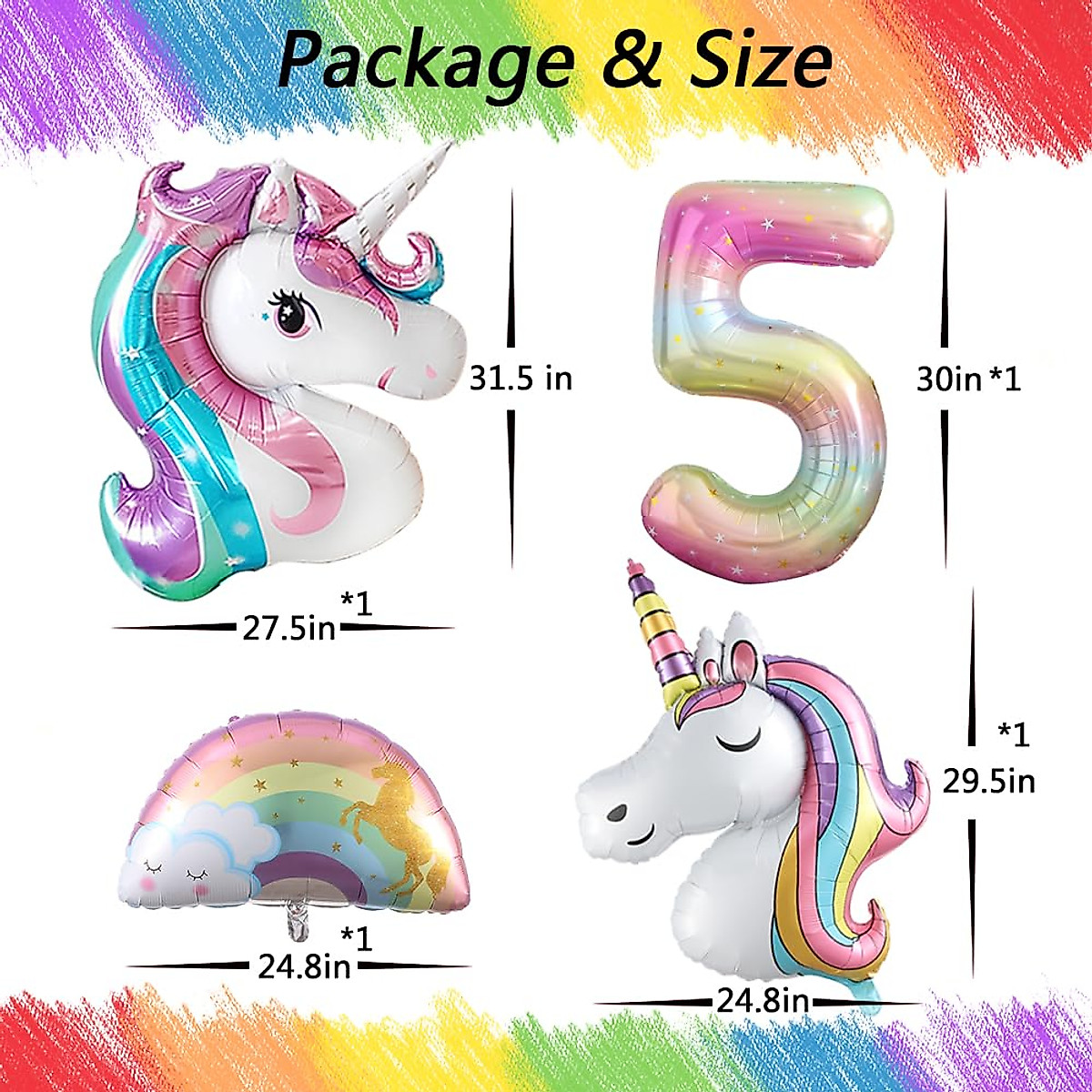 Unicorn 5th Birthday Party Decorations for Girl Purple Pink Unicorn Party Theme Balloon Set, Large Rainbow Unicorn Helium Balloons with Heart and Star Baby Shower Kids Supplies (number 5 set)