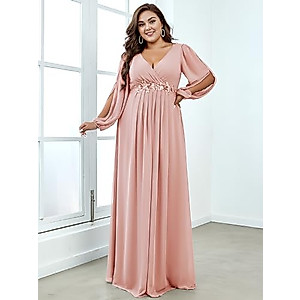 Ever-Pretty Plus Women's Maxi Deep V Neck Long Sleeves Formal Evening Dress Plus Size Pink US14