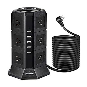 DEWENWILS16FT Power Strip Tower, 12-Outlet Surge Protector Power Strip with 5-USB Ports, 2-Switch Control, 15A Circuit Breaker, 1500Joules, Flat Plug Charging Station for Home, Office, ETL Listed