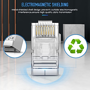 JODROAD Shielded RJ45 Cat6 Cat6A Pass Through Connectors - 3 Prong 8P8C Gold Plated Ethernet Ends for FTP/STP Network Cable & Solid Wire 20Pack