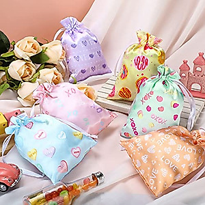 48 Pcs Heart Satin Gift Bags with Drawstring 5 x 7 Inch Candy Heart Gift Wrapping Bags Sweet Reusable Bags Assorted Gift Bags for Easter Birthday Kids Party Favors Anniversary, 6 Designs