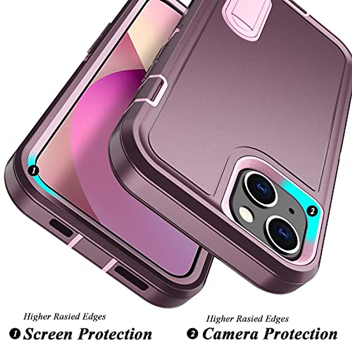 Qireoky for iPhone 13 Case,iPhone 13 Phone Case with Stand Heavy Duty Protective Anti-dust Port Cover Non-Slip Multi Layers 3 in 1 Bumper Shockproof Case for iPhone 13(Purple)