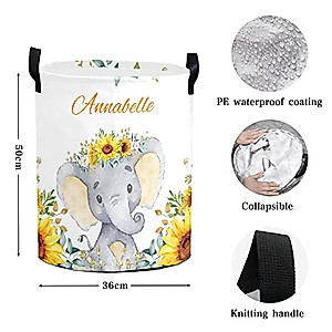 Sunflower Elephant Personalized Waterproof Foldable Laundry Basket Bag with Handle, Custom Collapsible Clothes Hamper Storage Bin for Toys Laundry Dorm Travel Bathroom