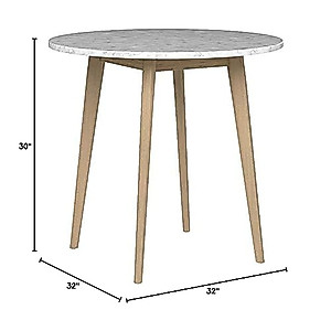 Nathan James Amalia Round Bistro Dining Table with Legs in Tan Wood Finish and Faux White Carrara Marble Top, Light Brown