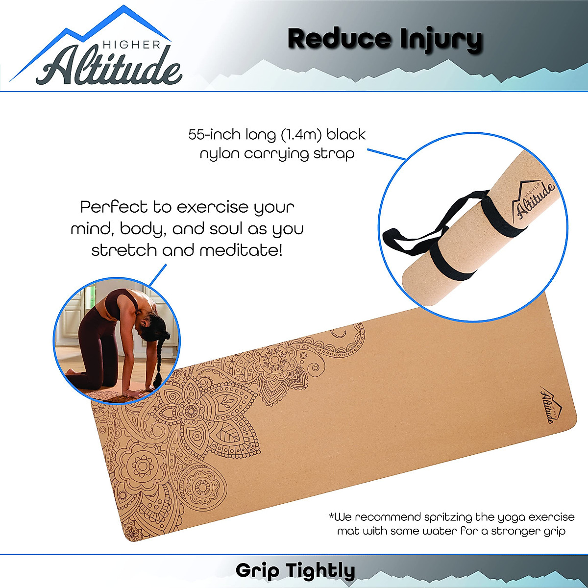 Higher Altitude Body Yoga Cork Mat - 72 x 24in Cork Exercise Mat with Rubber Padding and Carrying Loop - Flower Design