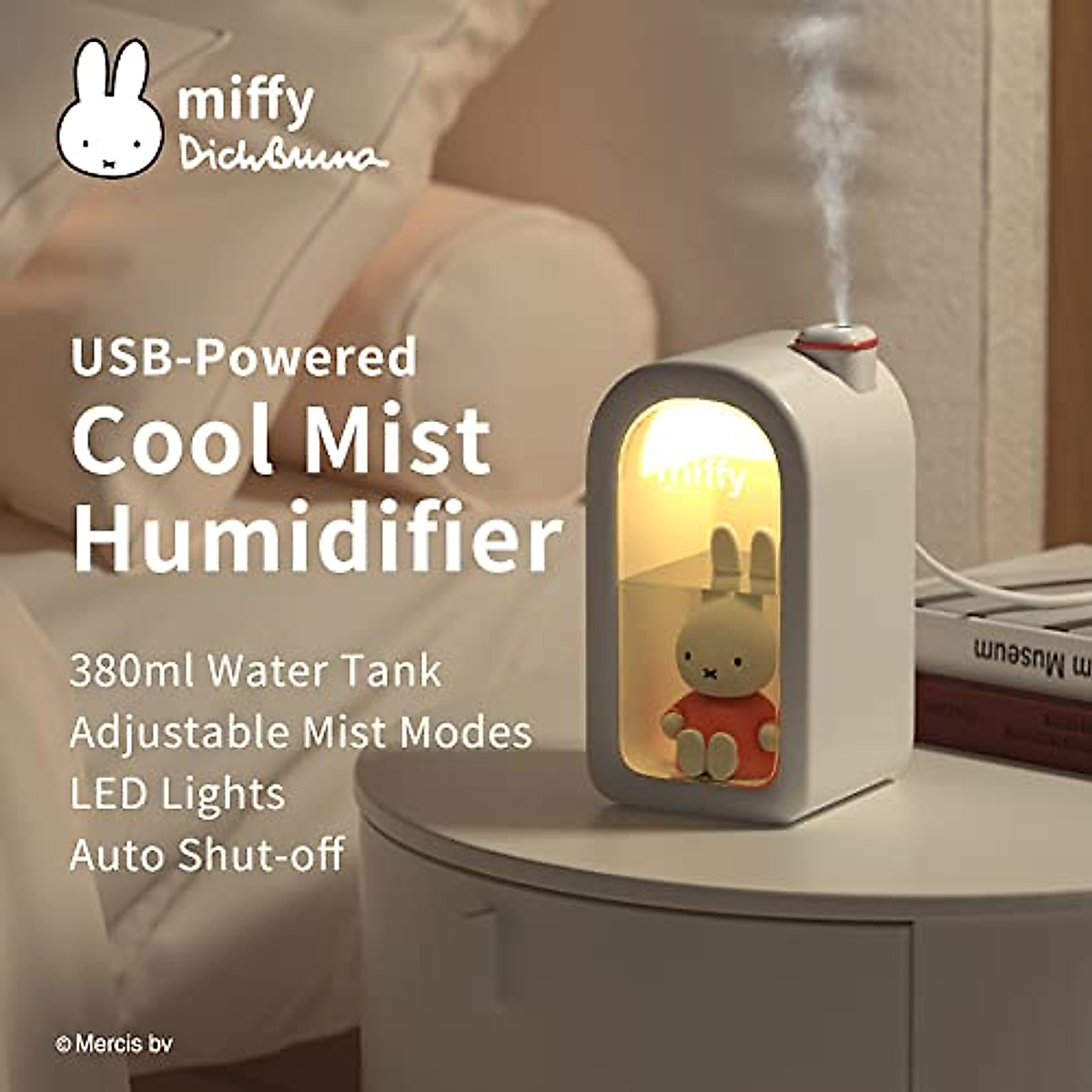 Mipow X Miffy Cool Mist Humidifier - Ultrasonic Quiet , Mini Cute Humidifier with Night Light for Bedroom/Babies Nursery/Office, 380ml