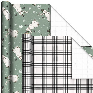 Hallmark Recyclable Neutral Christmas Wrapping Paper (4 Rolls: 100 Sq. Ft. Ttl) White and Sage Green Evergreen Pinecones, Rustic Snowmen, Plaid, Nordic Deer and Foliage