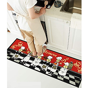Wolala Home Non-Slip Rubber Backing Kitchen Rug Sets Chef and Black White Checkered Pattern Area Rugs for Kithen Floor/Door/Dinning Room Washable/Easy Clean Mat (Red, 1'3x2'0+1'3x4'0)