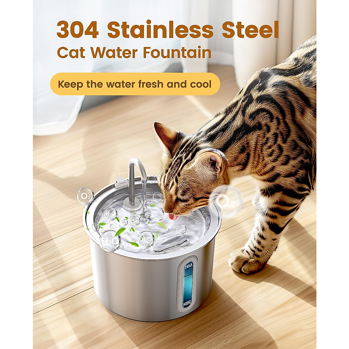 oneisall Stainless Steel Cat Water Fountain, 2L Water Fountains for Cats Indoor Dishwasher Safe with Quiet Pump and 3 Replacement Filters, Automatic Pet Water Fountain Faucet Spout Design