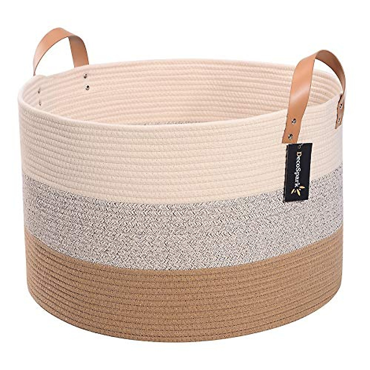 Decospark XXXL Cotton Rope Basket for Toy and Blanket Storage| 21.7" x 13.8" | Soft Long Handles | Decorative Home Organizer Ideal for Living Room, Baby Clothes and Laundry (Camel Grey and Cream)