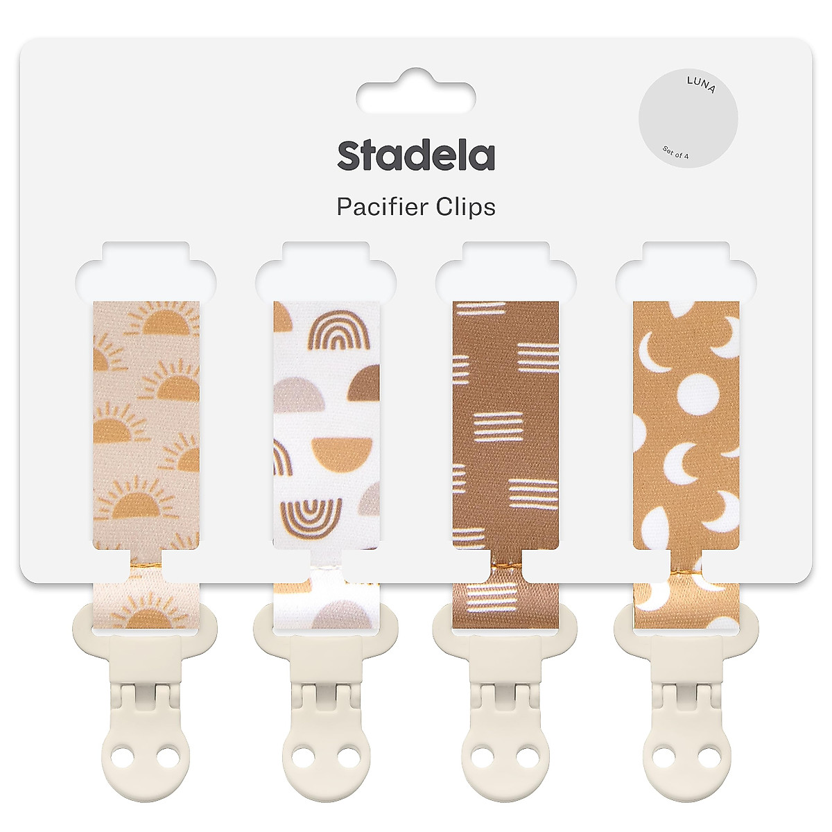 Stadela Baby Pacifier Clip Leash Soothie Holder Unisex for Girl or Boy 4 Pack Gift Set Universal Fit (Luna)