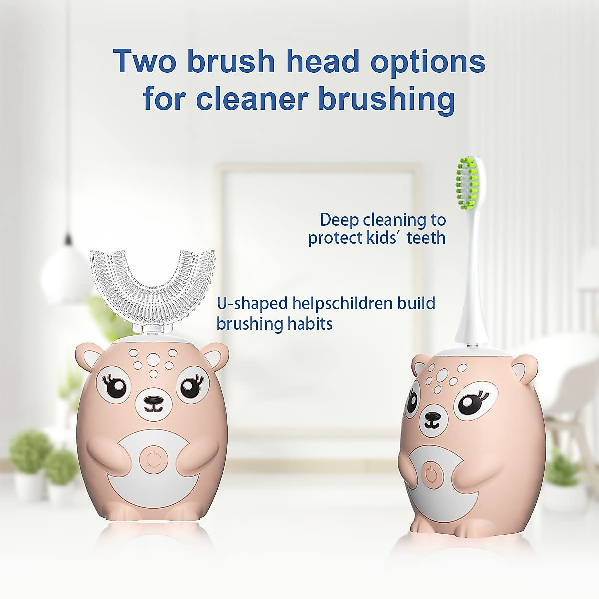 Kids Electric Toothbrushs U Shaped sonic Automatic Toothbrush with 4 Brush Heads, Six Cleaning Modes,Cartoon deer Modeling , full mouth toothbrush for baby