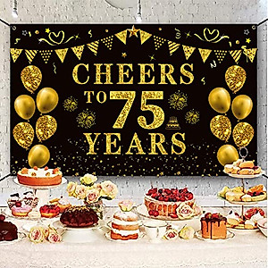 Trgowaul 75th Birthday Decorations for Women Men, Cheers to 75 Years Banner, Black Gold 75th Birthday Backdrop, 75th Wedding Anniversary Decorations for Couple, Party Sipplies Photography Background